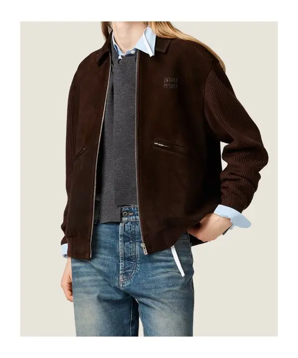 Miu Miu Waxed Suede Blouson Jacket With Knit Sleeves - Ochre