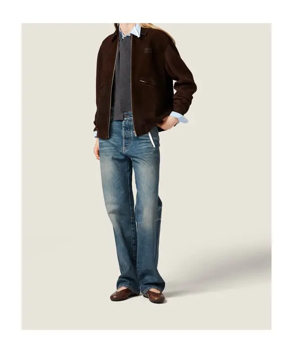 Miu Miu Waxed Suede Blouson Jacket With Knit Sleeves - Ochre