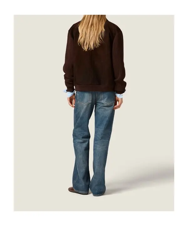 Miu Miu Waxed Suede Blouson Jacket With Knit Sleeves - Ochre