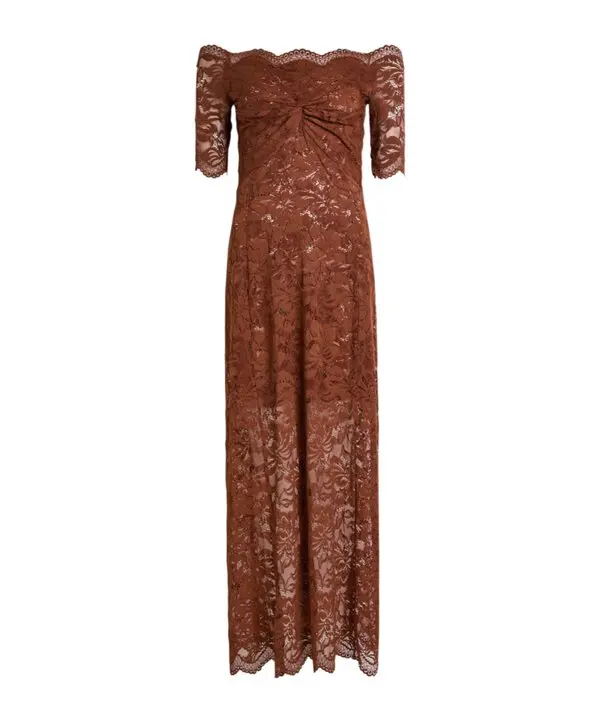 Rabanne Floral Lace Off-shoulder Midi Dress - Brown