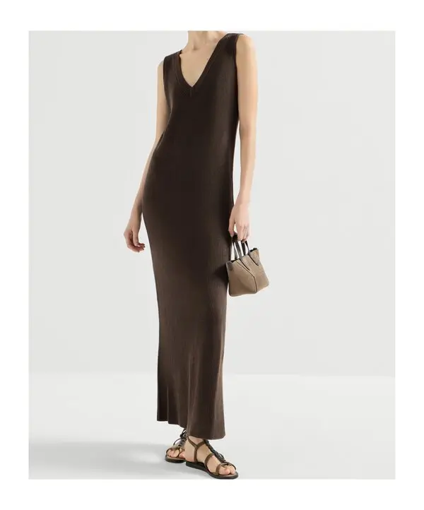 Brunello Cucinelli Rib Knit Maxi Dress With Monili Detail - Black