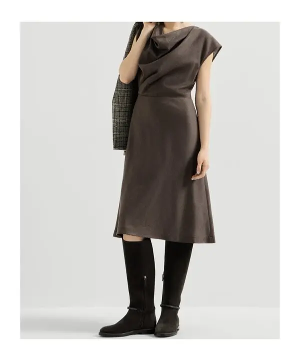 Brunello Cucinelli Virgin-wool Diagonal-flannel Wrap-effect Dress With Monili