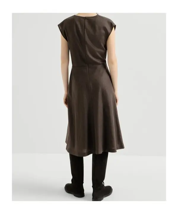 Brunello Cucinelli Virgin-wool Diagonal-flannel Wrap-effect Dress With Monili