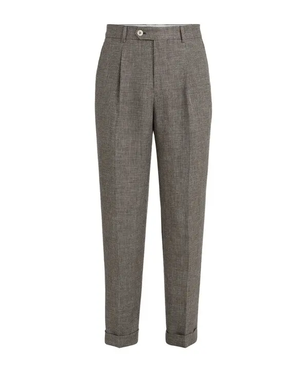Brunello Cucinelli Linen Houndstooth Pleated Trousers