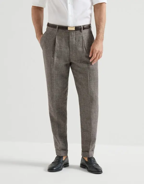 Brunello Cucinelli Linen Houndstooth Pleated Trousers