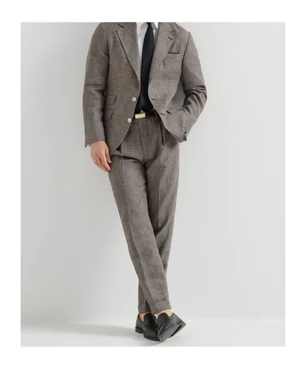 Brunello Cucinelli Linen Houndstooth Pleated Trousers