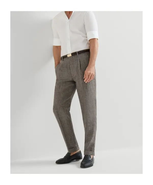 Brunello Cucinelli Linen Houndstooth Pleated Trousers