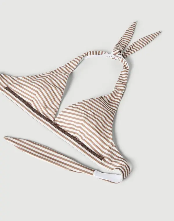 Brunello Cucinelli Striped Techno Jersey Bikini Top With Precious Trim