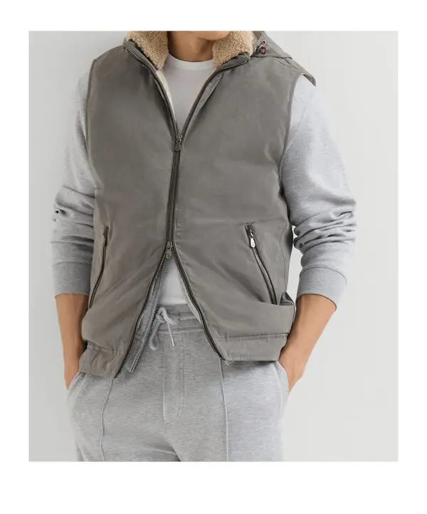 Brunello Cucinelli Waxed Techno-cotton Down Vest With Detachable Hood