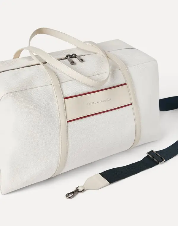 Brunello Cucinelli Cotton And Linen Canvas Travel Bag With Logo - Silver