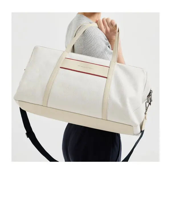 Brunello Cucinelli Cotton And Linen Canvas Travel Bag With Logo - Silver