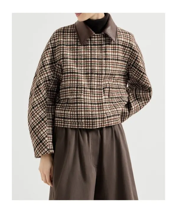 Brunello Cucinelli Comfort Checked Wool And Alpaca Outerwear Jacket With Leather-collar And Monili