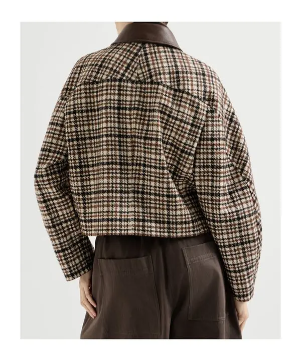 Brunello Cucinelli Comfort Checked Wool And Alpaca Outerwear Jacket With Leather-collar And Monili