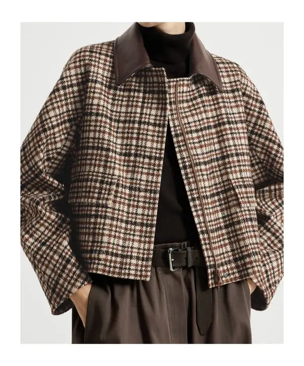 Brunello Cucinelli Comfort Checked Wool And Alpaca Outerwear Jacket With Leather-collar And Monili