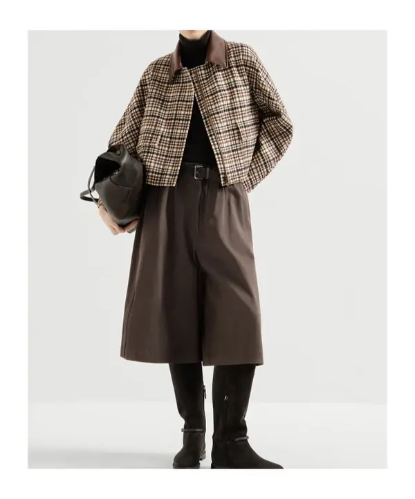 Brunello Cucinelli Comfort Checked Wool And Alpaca Outerwear Jacket With Leather-collar And Monili