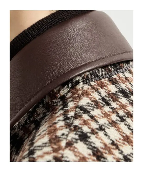 Brunello Cucinelli Comfort Checked Wool And Alpaca Outerwear Jacket With Leather-collar And Monili