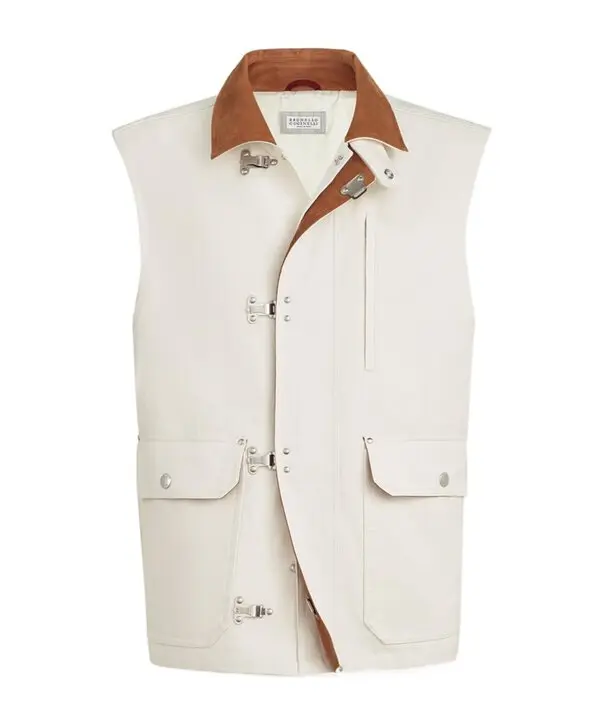 Brunello Cucinelli Cotton And Linen Canvas Vest With Suede Inserts - White