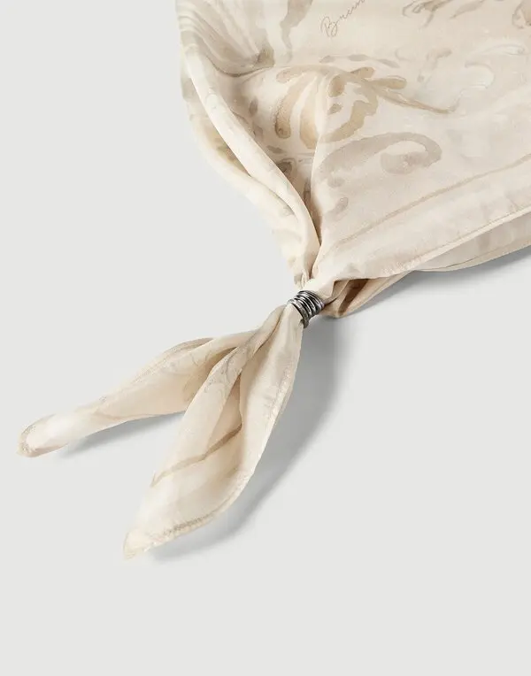 Brunello Cucinelli Silk Satin Mediterranea Scarf With Ring - White