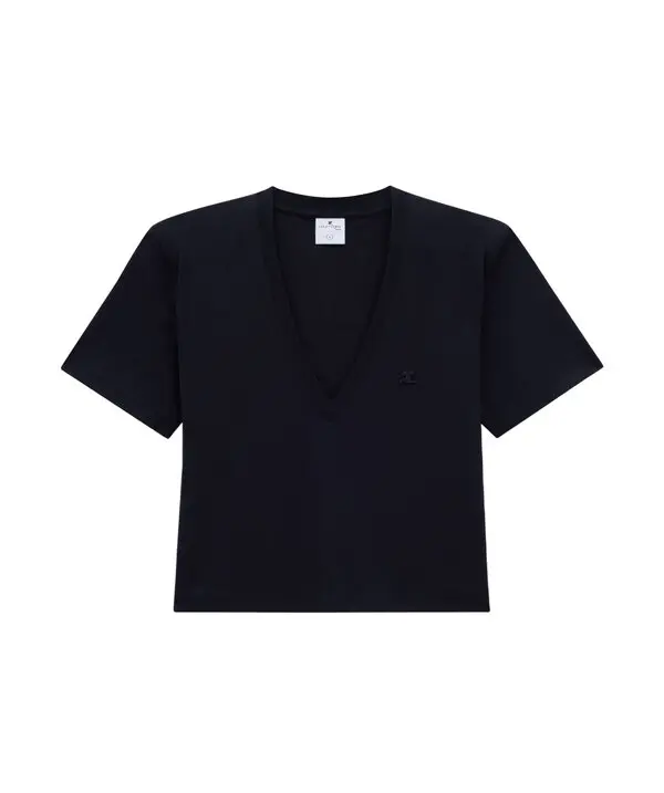 COURREGES Cropped V-neck T-shirt With Ac Logo