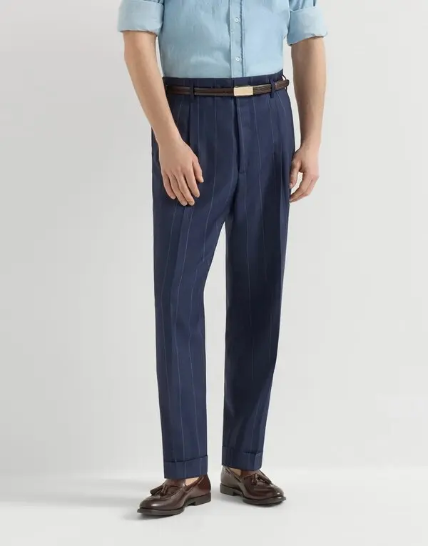 Brunello Cucinelli Virgin-wool Chalk-stripe Trousers With Double Pleats