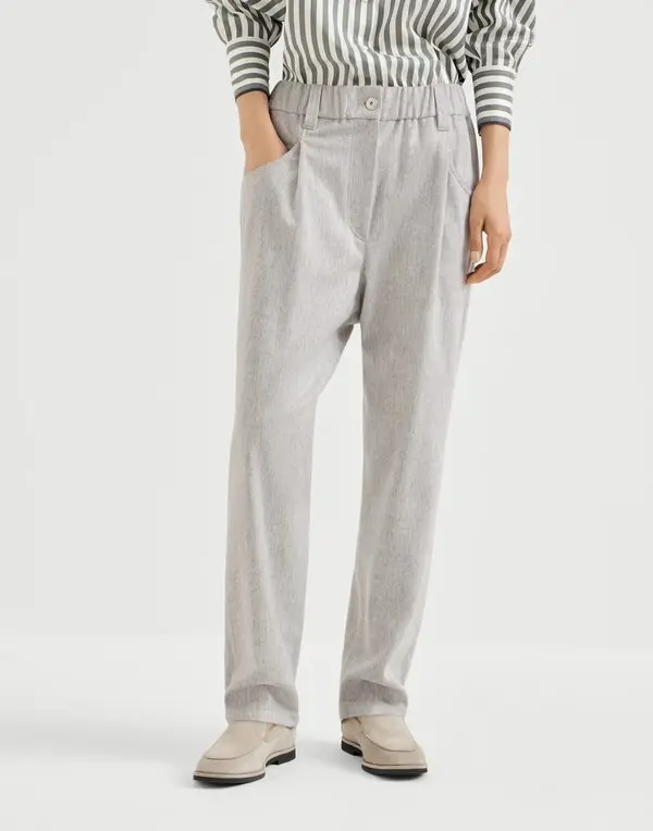 Brunello Cucinelli Wool Flannel Baggy Trousers With Monili - Grey