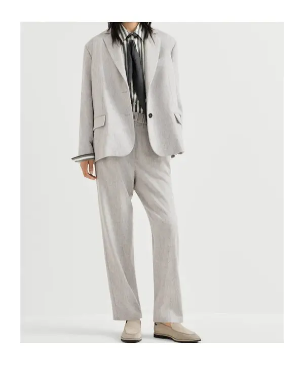 Brunello Cucinelli Wool Flannel Baggy Trousers With Monili - Grey