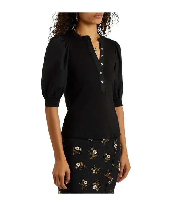 Veronica Beard Ribbed Stretch-cotton Top With Balloon Sleeves - Black