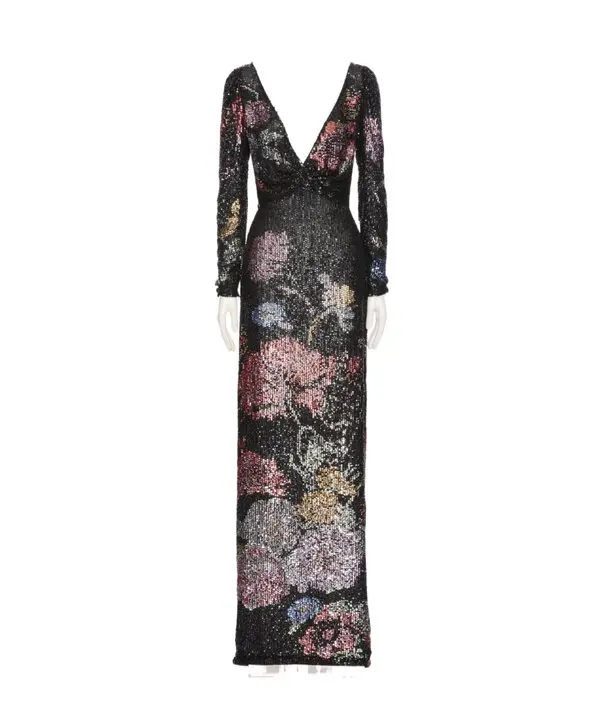 Valentino Garavani Sequined Long-sleeved V-neck Gown