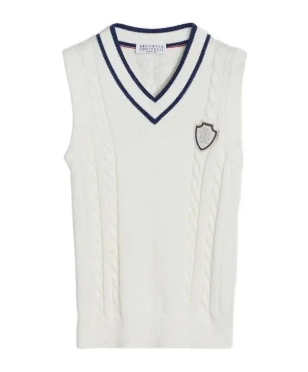 Brunello Cucinelli Cotton Cable Knit V-neck Vest With Emblem