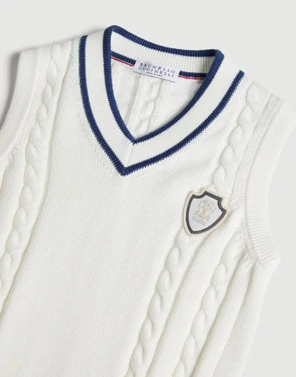 Brunello Cucinelli Cotton Cable Knit V-neck Vest With Emblem