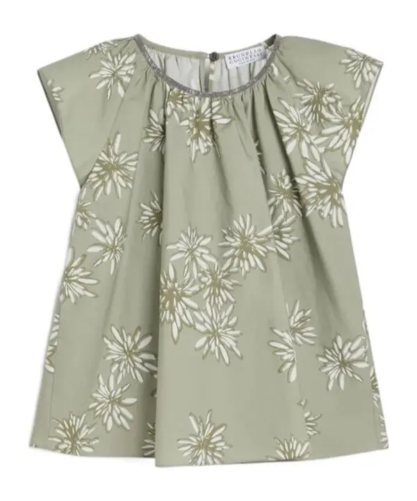 Brunello Cucinelli Cotton Daisy-print Poplin Top With Monili Detailing