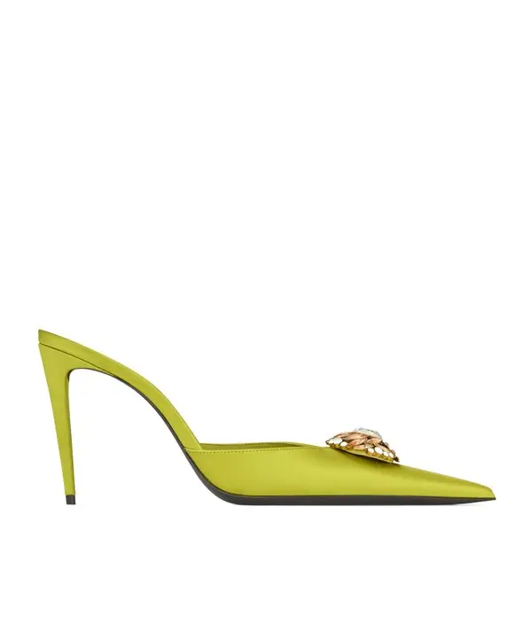 Saint Laurent Cosmo Mules In Satin Crepe And Crystals - Lime Green