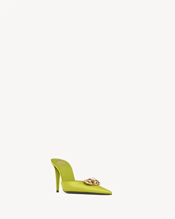 Saint Laurent Cosmo Mules In Satin Crepe And Crystals - Lime Green