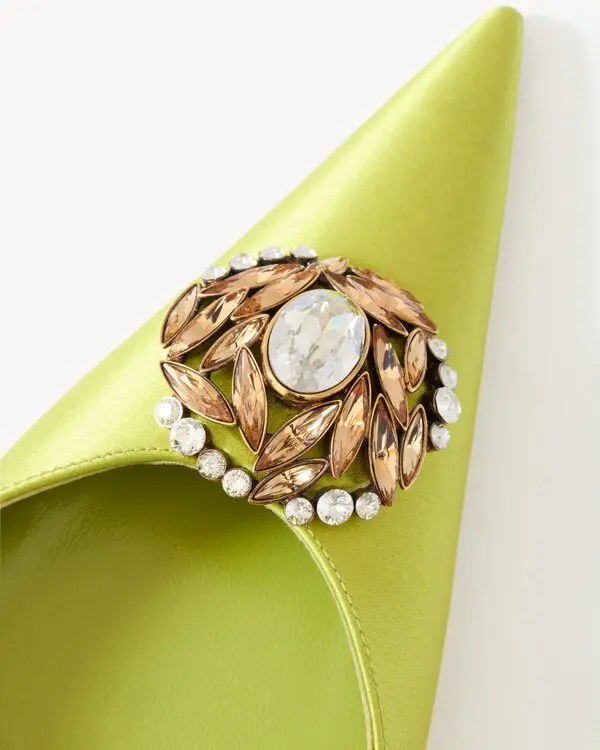 Saint Laurent Cosmo Mules In Satin Crepe And Crystals - Lime Green
