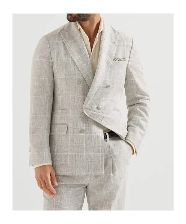 Brunello Cucinelli Linen Prince Of Wales One-and-a-half Breasted Deconstructed Blazer With Metal Buttons - Panama Color