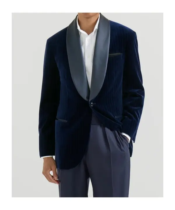 Brunello Cucinelli Cotton Chalk Stripe Velvet Tuxedo Jacket With Shawl Lapels