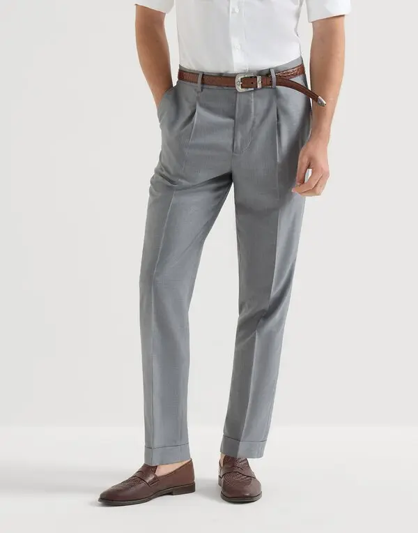 Brunello Cucinelli Virgin Wool And Silk Lightweight Hopsack Trousers With Pleat - Gray