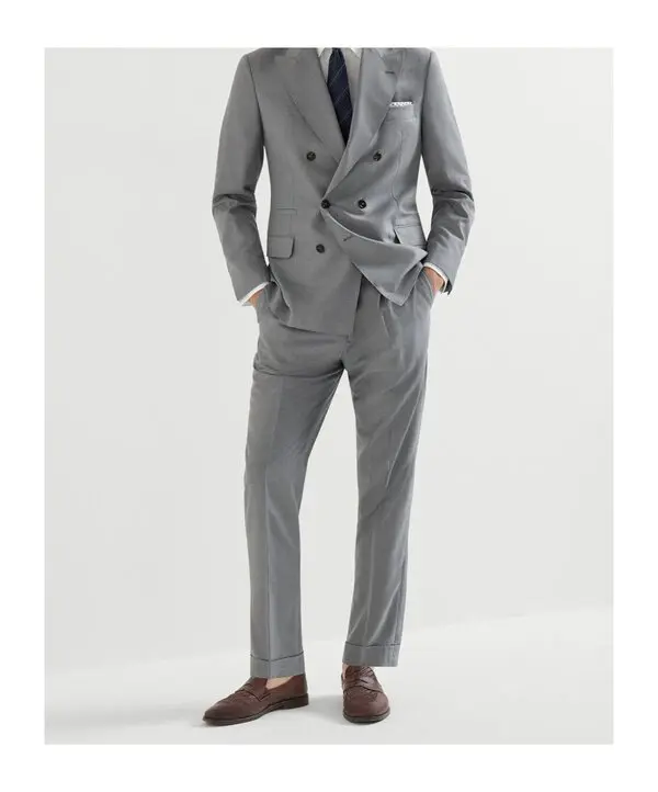 Brunello Cucinelli Virgin Wool And Silk Lightweight Hopsack Trousers With Pleat - Gray