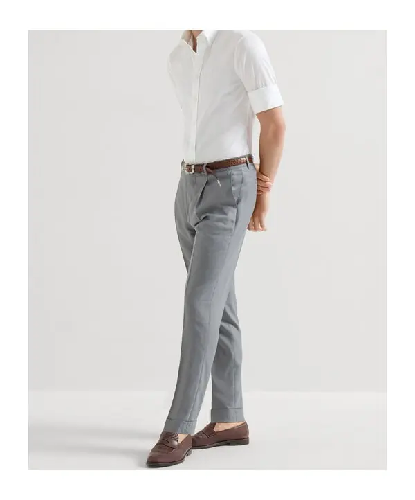 Brunello Cucinelli Virgin Wool And Silk Lightweight Hopsack Trousers With Pleat - Gray