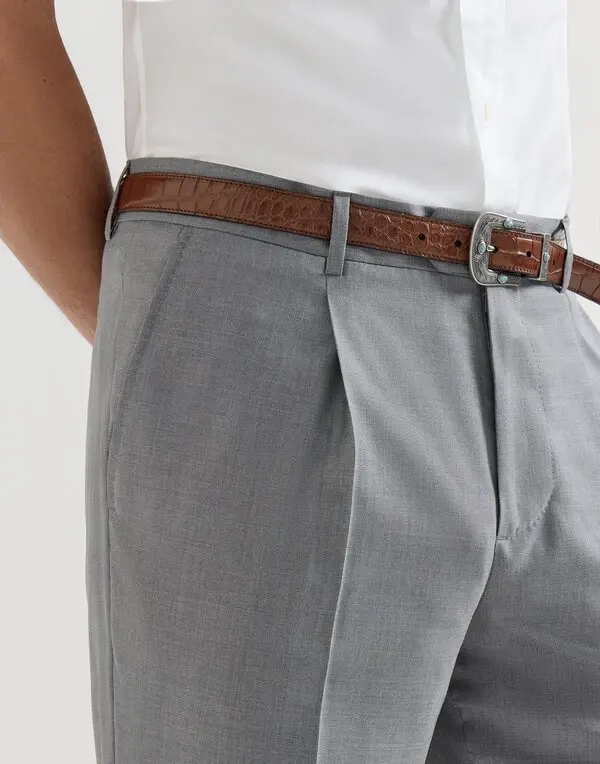 Brunello Cucinelli Virgin Wool And Silk Lightweight Hopsack Trousers With Pleat - Gray