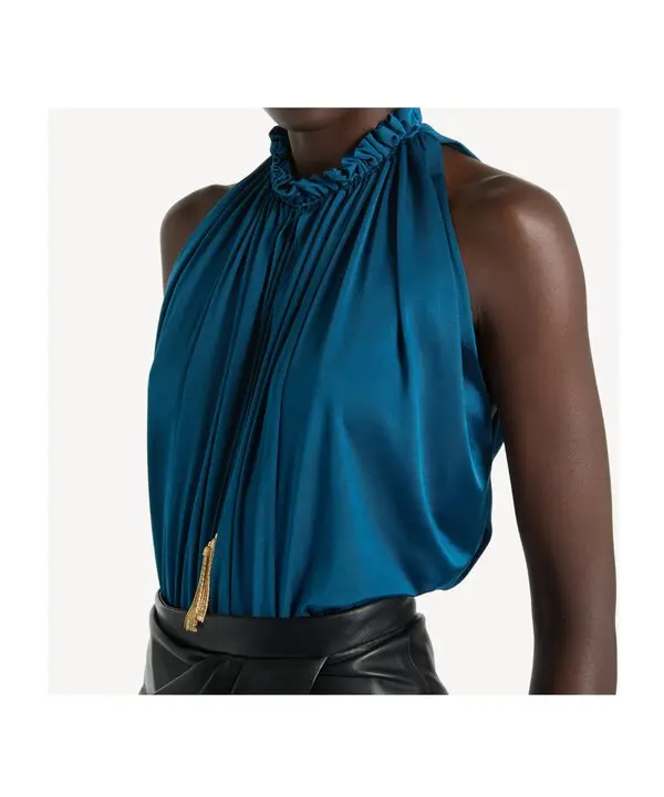 Balmain Pleated Flowing Jersey Top With Gold-tone Chain Tassels