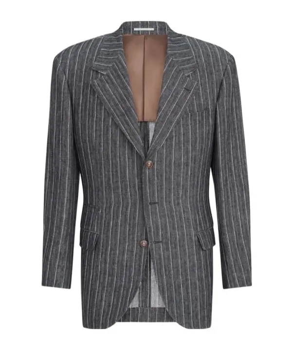 Brunello Cucinelli Linen Chalk Stripe Chevron Tailor Blazer With Metal Buttons
