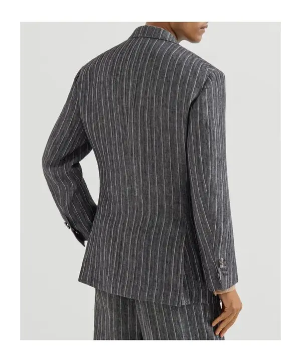 Brunello Cucinelli Linen Chalk Stripe Chevron Tailor Blazer With Metal Buttons