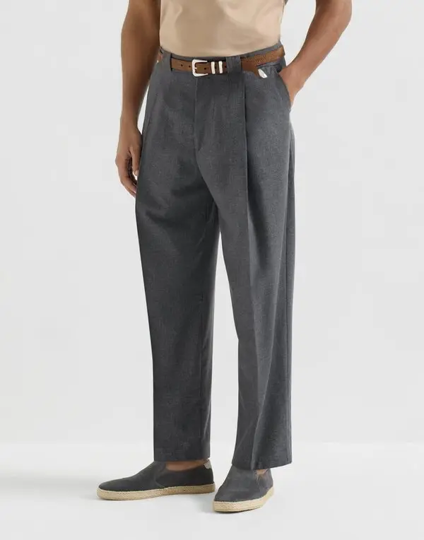 Brunello Cucinelli Virgin-wool, Cotton And Silk Mouliné Trousers With Pleat - Anthracite