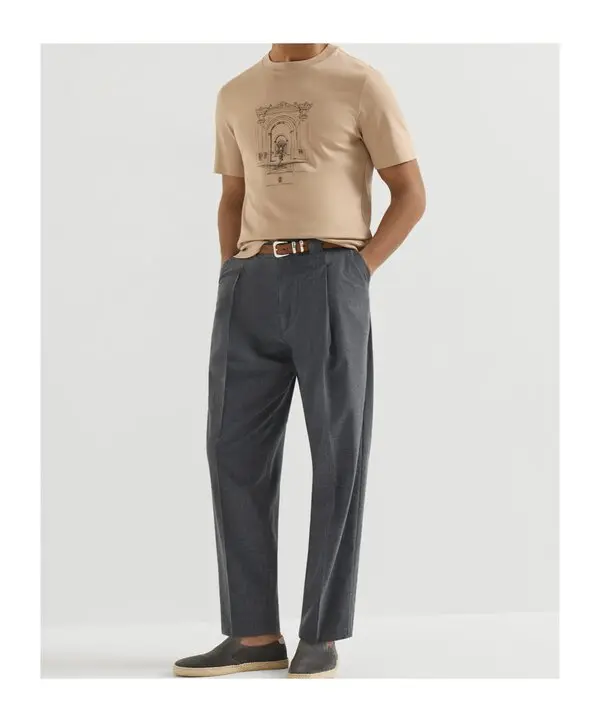 Brunello Cucinelli Virgin Wool, Cotton, And Silk Mouliné Pleated Trousers - Anthracite