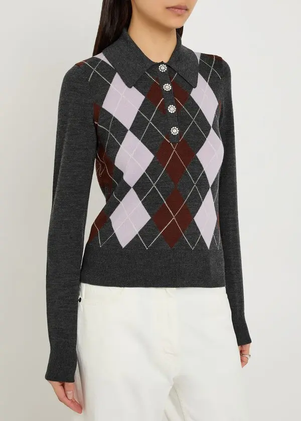 SELF-PORTRAIT Argyle Wool Polo Top