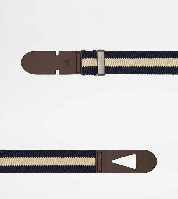 TOD'S Striped Canvas Belt With Leather Snap Buckle - Blue/beige