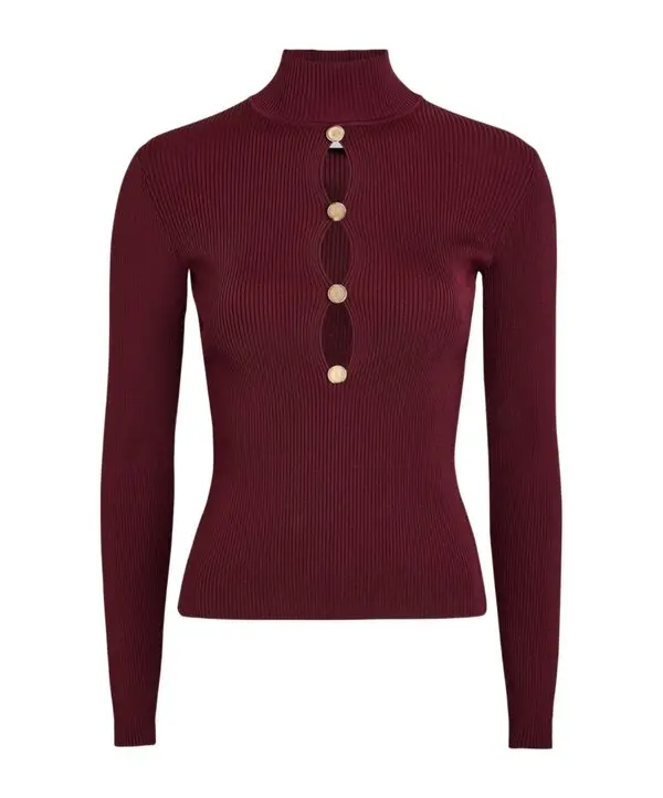 SELF-PORTRAIT Keyhole Ribbed Stretch-knit Top