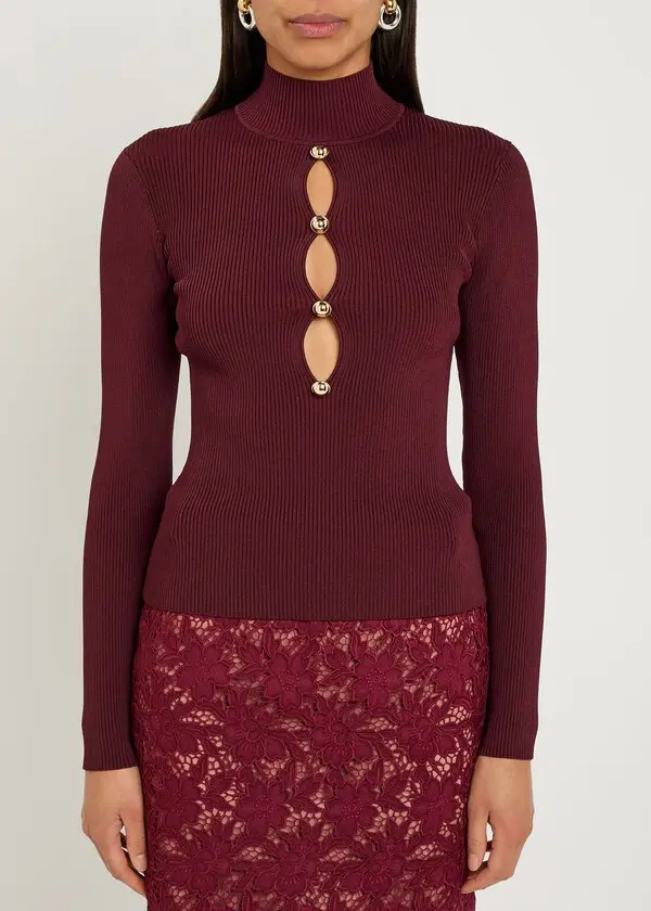 SELF-PORTRAIT Keyhole Ribbed Stretch-knit Top