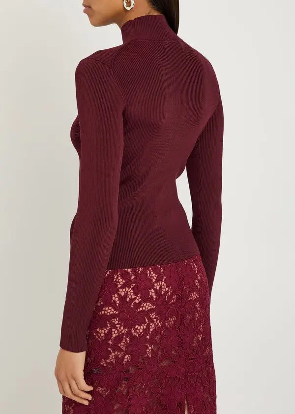 SELF-PORTRAIT Keyhole Ribbed Stretch-knit Top